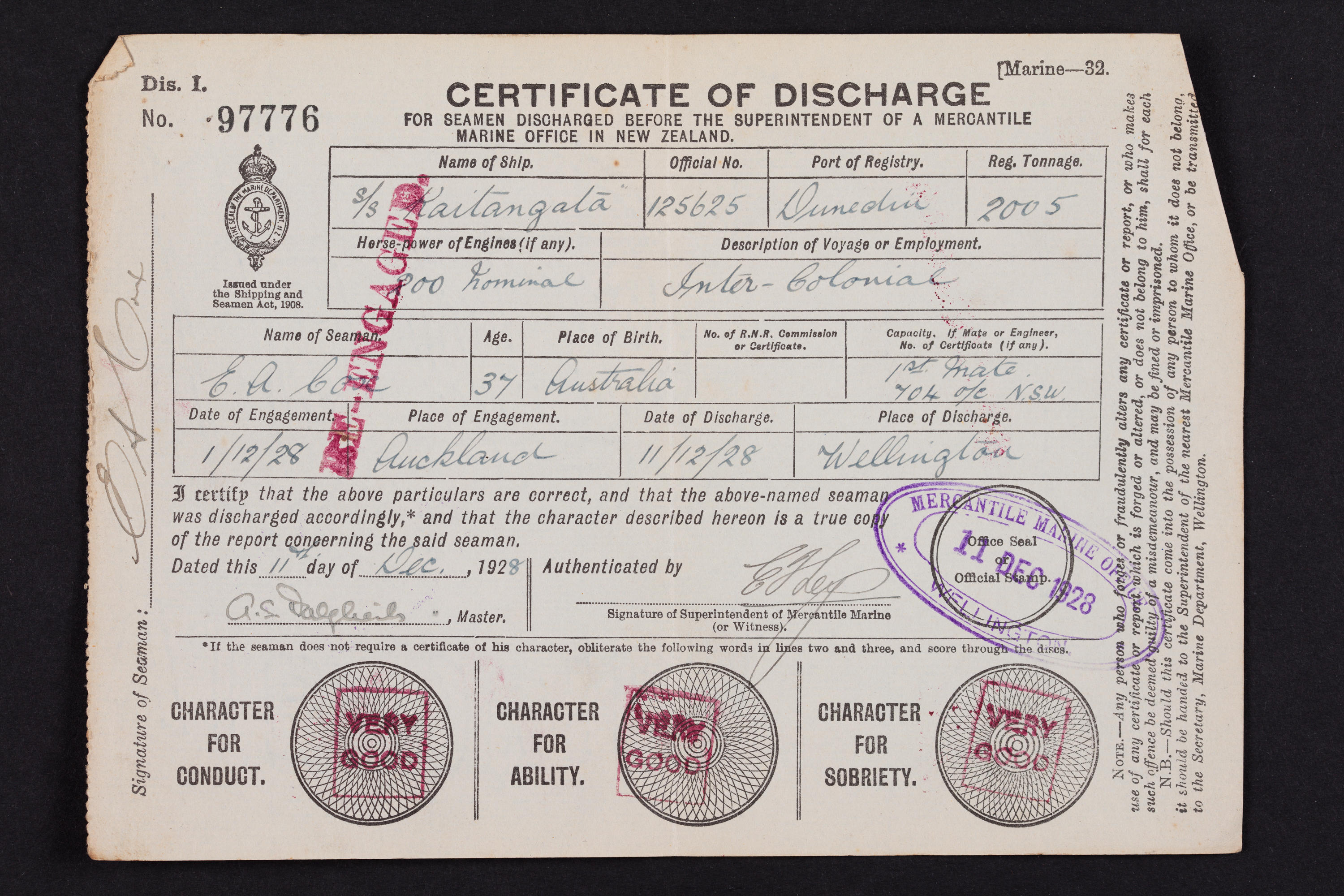 Certificate of Discharge: KAITANGATA for Eric Aden Cox, 11 Dec 1928 ...