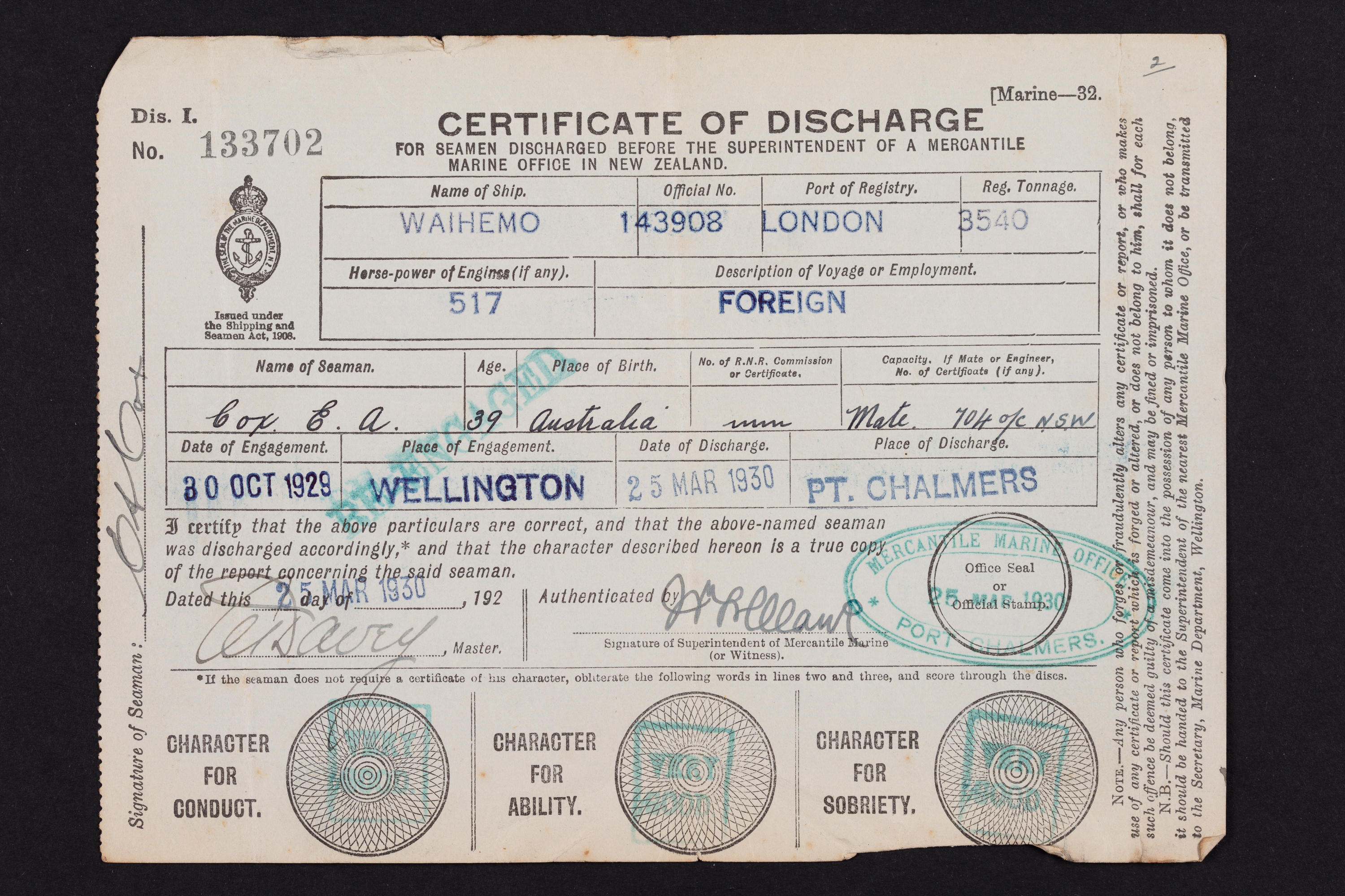 Certificate of Discharge: WAIHEMO for Eric Aden Cox, 25 Mar 1930 - New ...