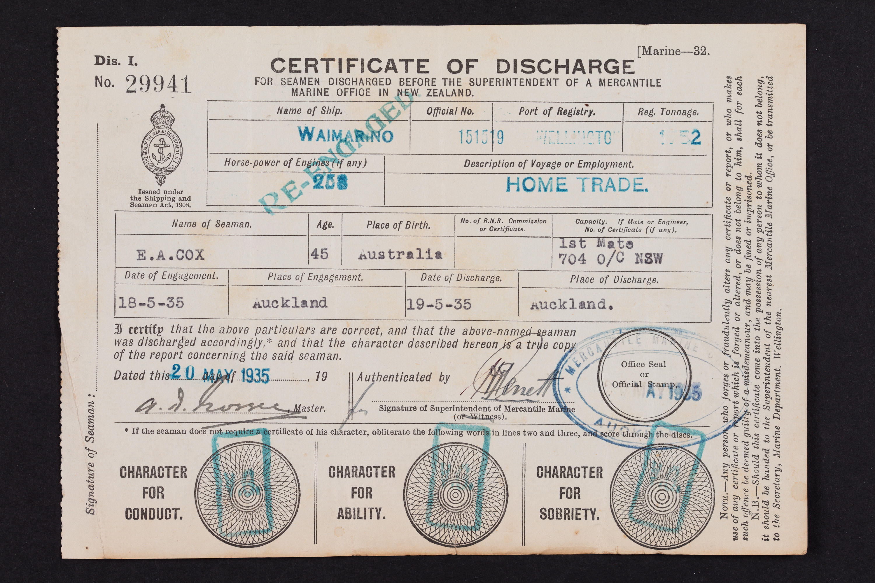 Certificate of Discharge: WAIMARINO for Eric Aden Cox, 19 May 1935 ...