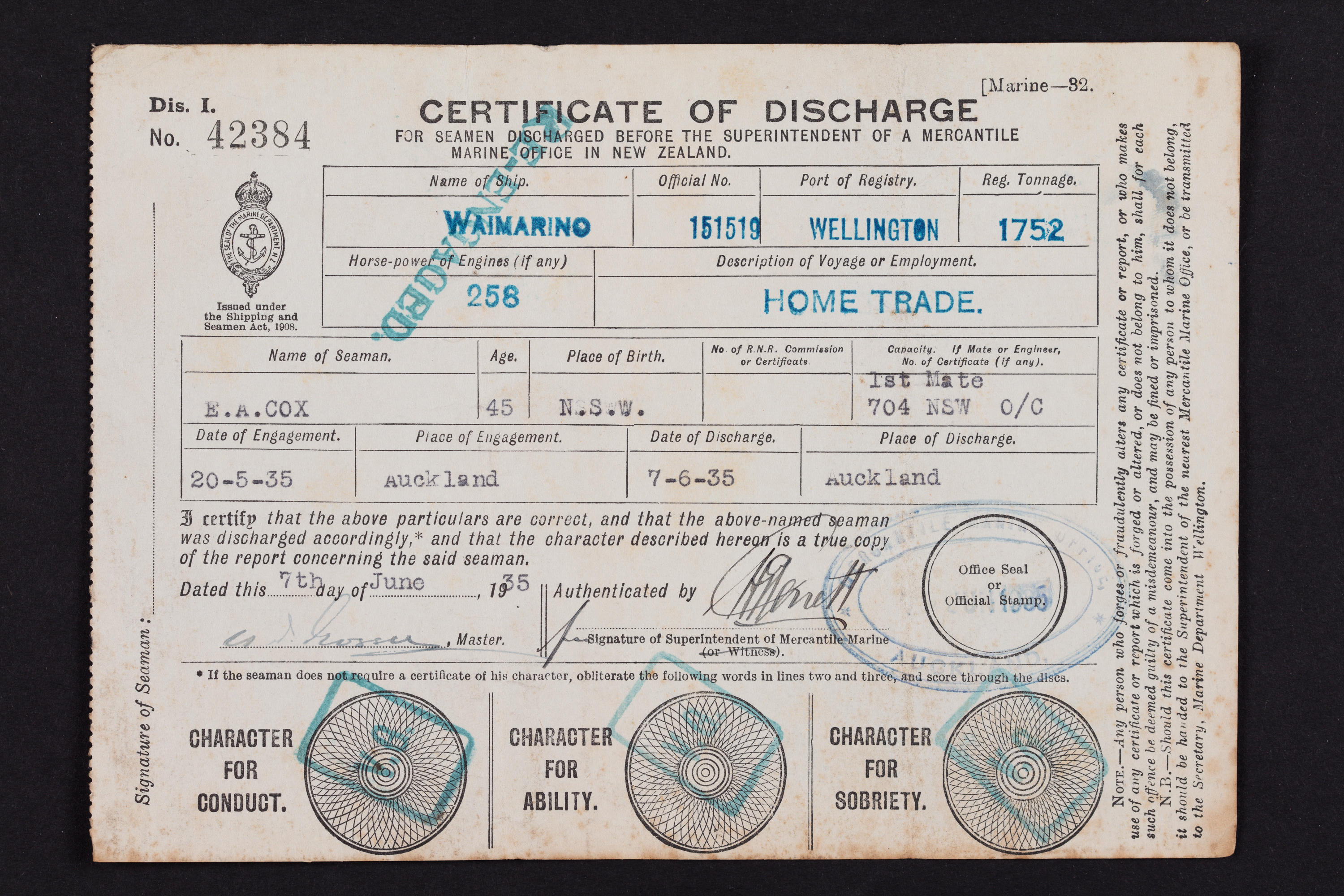 Certificate of Discharge: WAIMARINO for Eric Aden Cox, 07 Jul 1935 ...