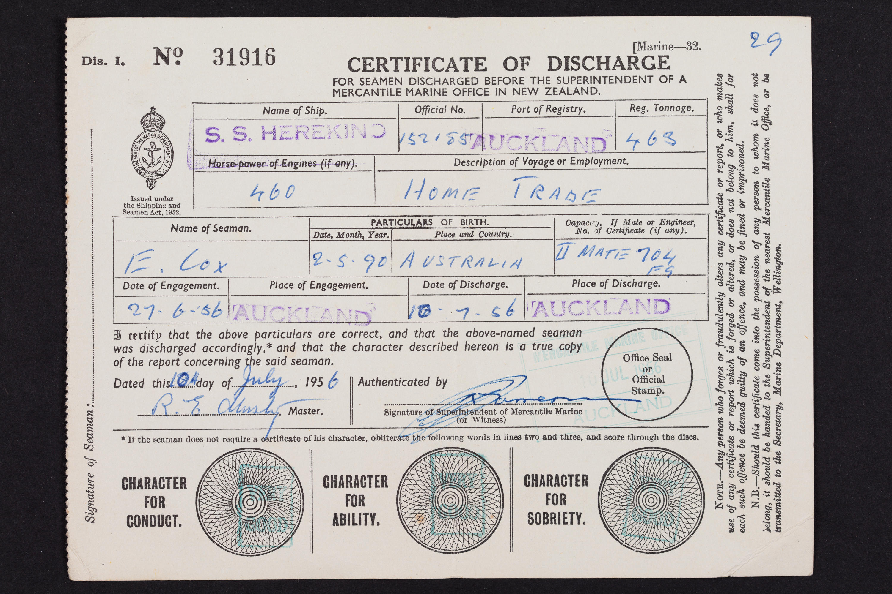 Certificate of Discharge: HEREKINO for Eric Aden Cox, 10 Jul 1956 - New ...