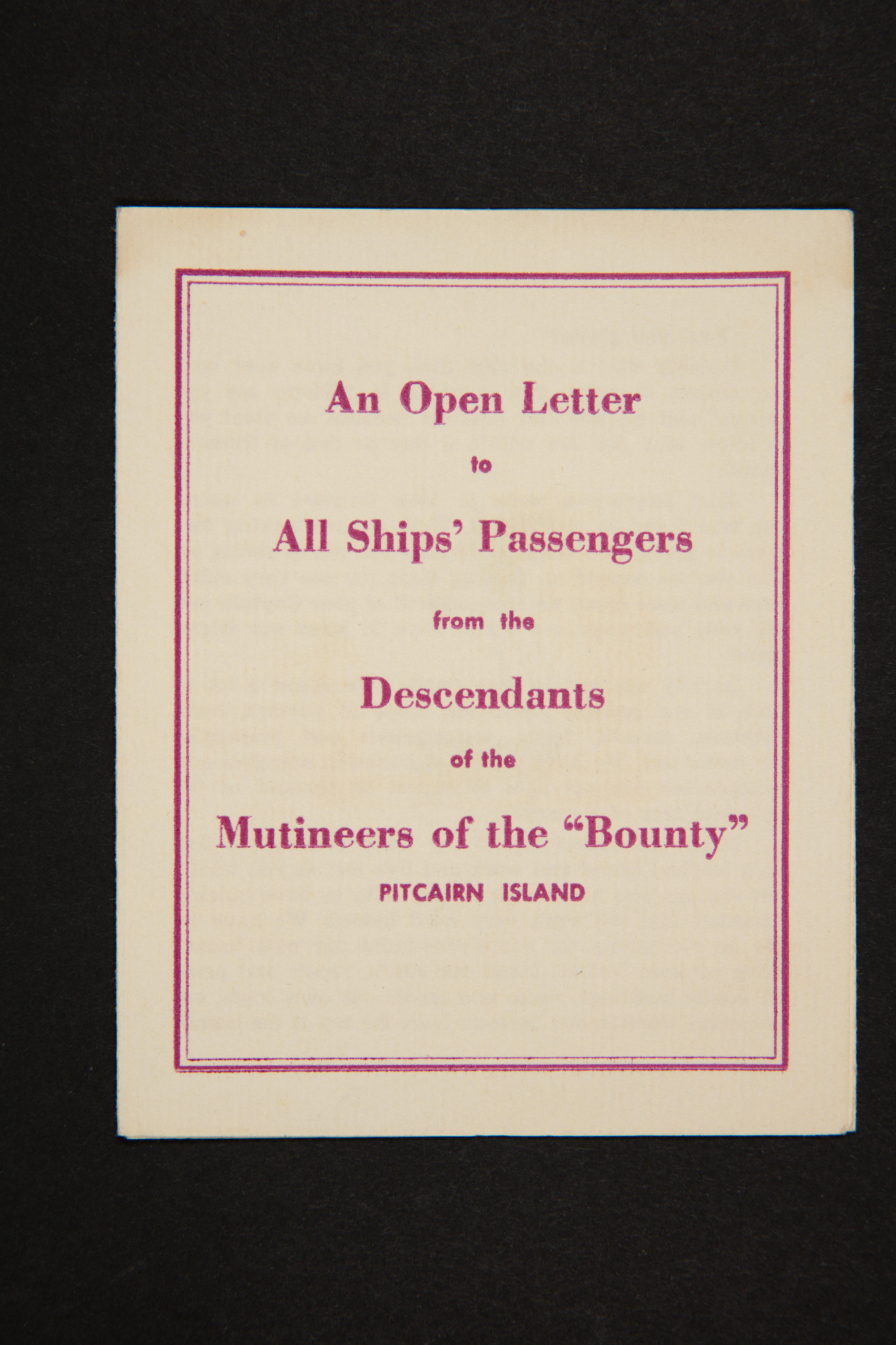 Pamphlet: An Open Letter to All Ships' Passengers from the Descendents ...