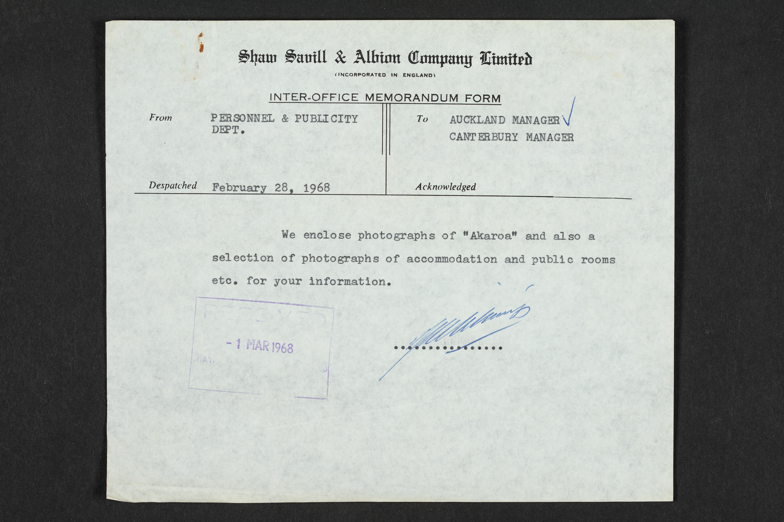 Memorandum: Shaw Savill Inter-Office Memorandum Form, 1 Mar 1968 - New ...