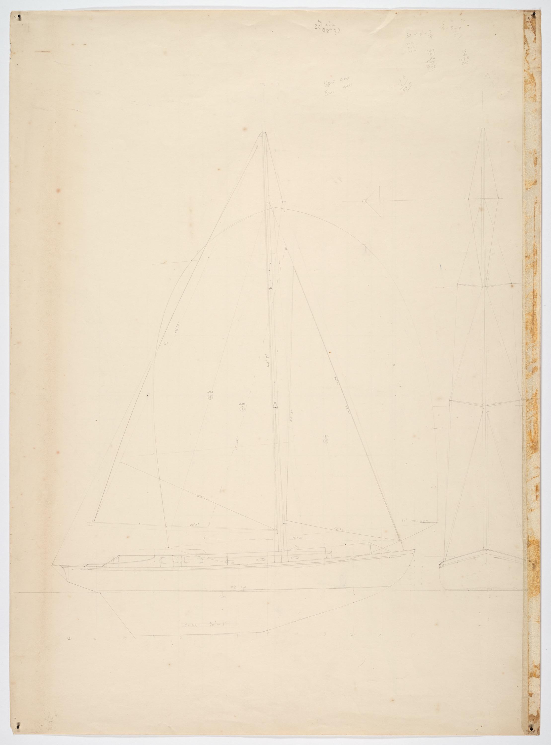 Plans: Initial drawings of a large long-keel yacht. - New Zealand Maritime Museum