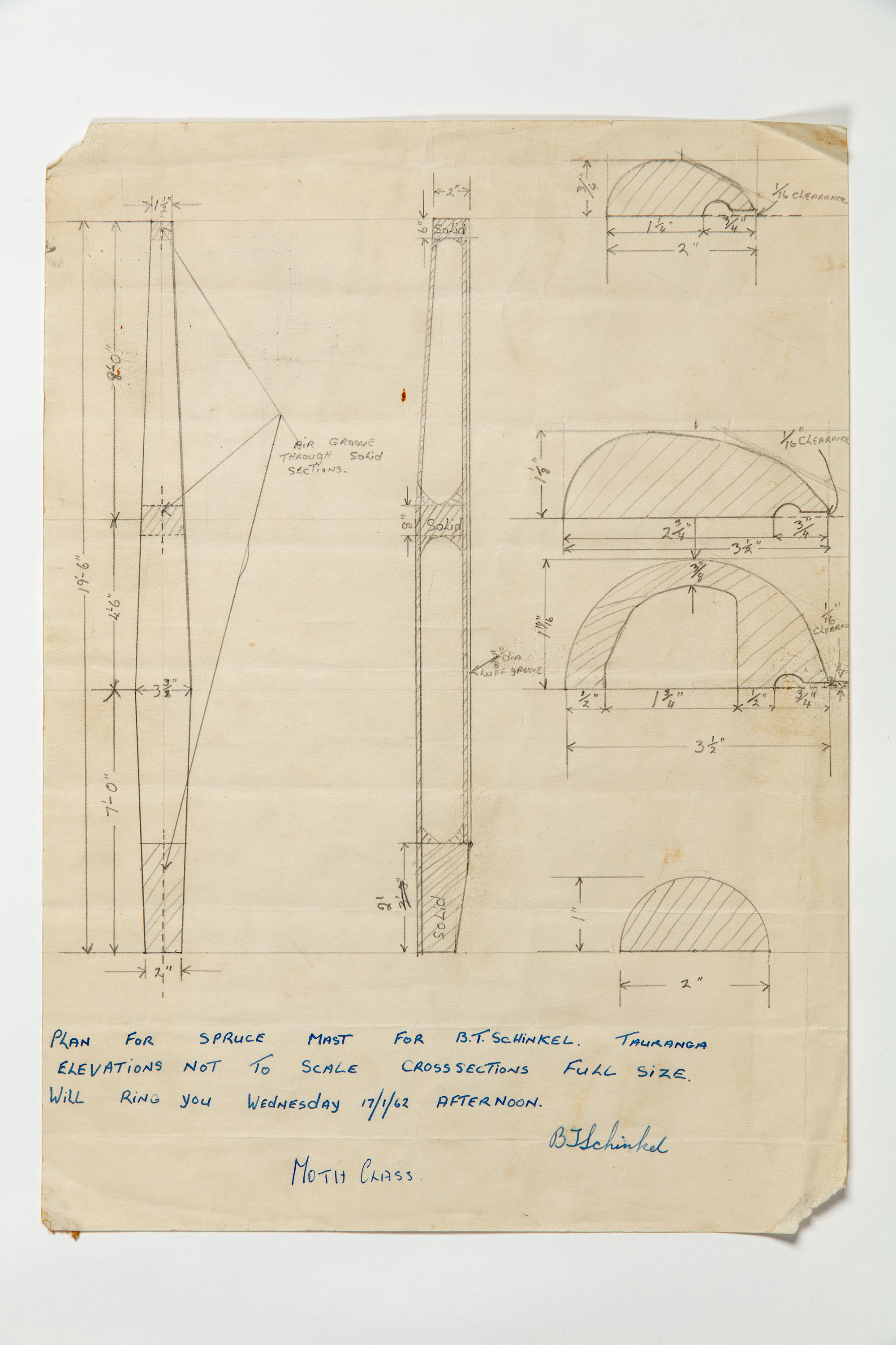 Plan: Plan for Spruce Mast for B.T. Schinkel, Tauranga, Moth Class ...